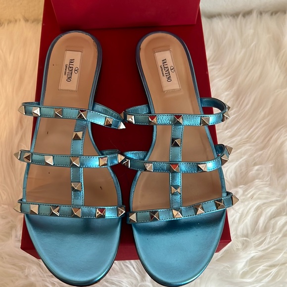 Valentino | Shoes | Valentino Slide Metallic Blue 95 | Poshmark